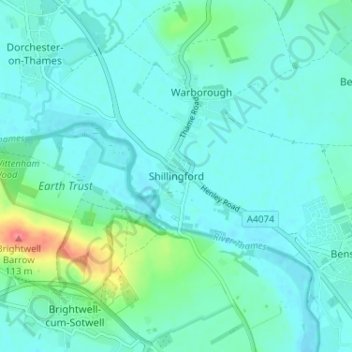 Mapa topográfico Shillingford, altitud, relieve