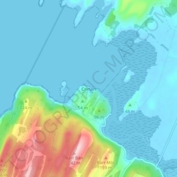 Mapa topográfico Crinan, altitud, relieve
