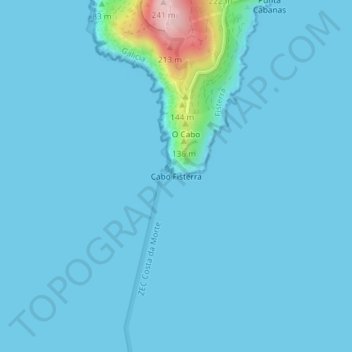Mapa topográfico Cabo de Finisterre, altitud, relieve