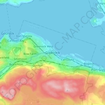 Mapa topográfico Greenock, altitud, relieve
