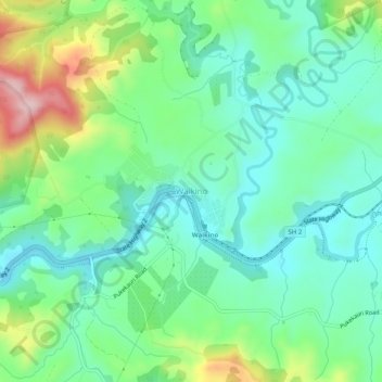 Mapa topográfico Waikino, altitud, relieve