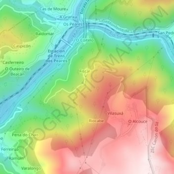 Mapa topográfico Ribeira Sacra, altitud, relieve