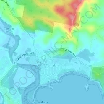Mapa topográfico Tomakin, altitud, relieve