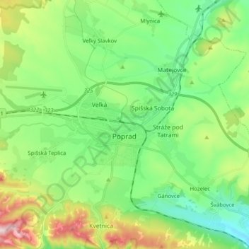 Mapa topográfico Poprad, altitud, relieve