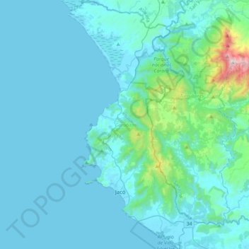 Mapa topográfico Garabito, altitud, relieve
