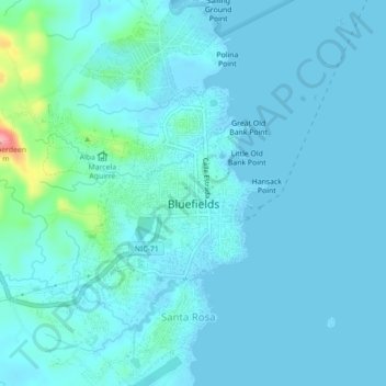 Mapa topográfico Bluefields, altitud, relieve