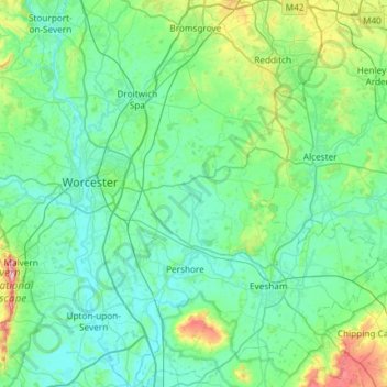Mapa topográfico Wychavon, altitud, relieve