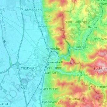 Mapa topográfico Weinheim (Kernstadt), altitud, relieve