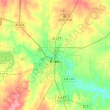 Mapa topográfico Brady, altitud, relieve