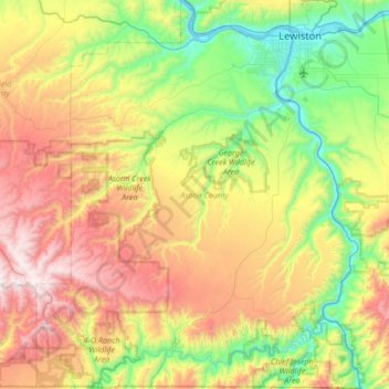 Mapa topográfico Asotin County, altitud, relieve