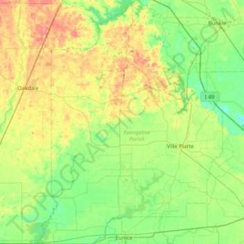 Mapa topográfico Evangeline Parish, altitud, relieve