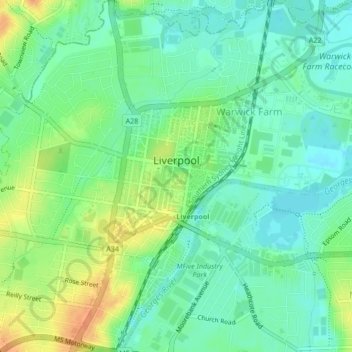 Mapa topográfico Liverpool, altitud, relieve