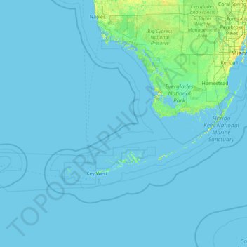 Mapa topográfico Florida Keys, altitud, relieve