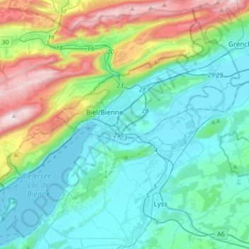 Mapa topográfico Arrondissement administratif de Bienne, altitud, relieve