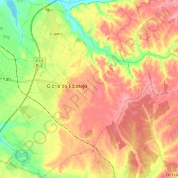 Mapa topográfico Glória do Ribatejo e Granho, altitud, relieve