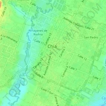Mapa topográfico Casco urbano de Chía, altitud, relieve