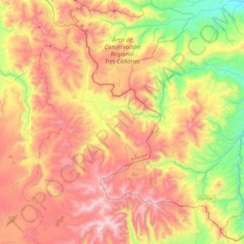 Mapa topográfico Área de Conservación Regional Tres Cañones, altitud ...