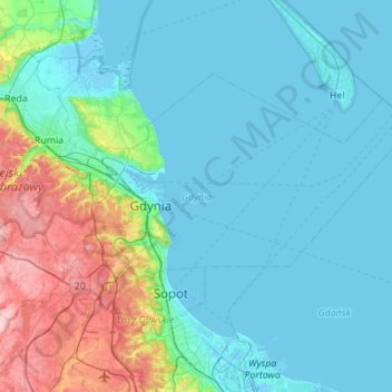 Mapa topográfico Gdynia, altitud, relieve