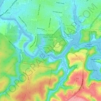 Mapa topográfico Georges River National Park, altitud, relieve