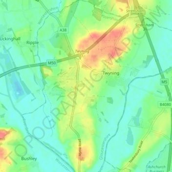Mapa topográfico Twyning, altitud, relieve