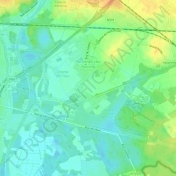 Mapa topográfico Péronnes-Lez-Antoing, altitud, relieve