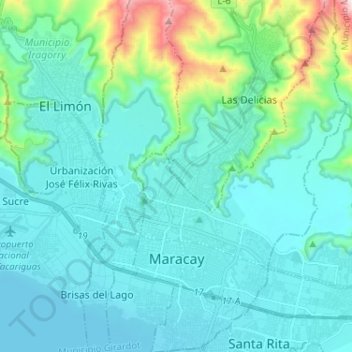Mapa topográfico Maracay, altitud, relieve