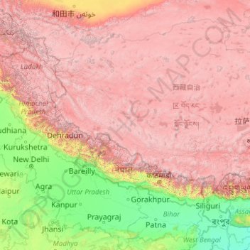 Mapa topográfico Lower Himalayan Range, altitud, relieve